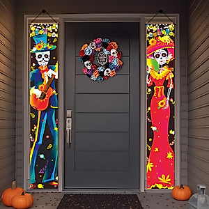 Halloween Decorations Indoor - Dia De Los Muertos decorations - Day of The Dead Porch Sign Door Banner Mexican Party Sugar Skull Decor for Welcome Hanging Banners Home Wall Front Yard Altar Supplies