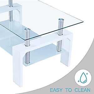 Btrpily Living Room Rectangle Coffee Table, Tea Table Suitable for Waiting Room, Modern Side Coffee Table with Wooden Leg, Glass Tabletop with Lower Shelf, 39.5*23.5*17.5 inches , White