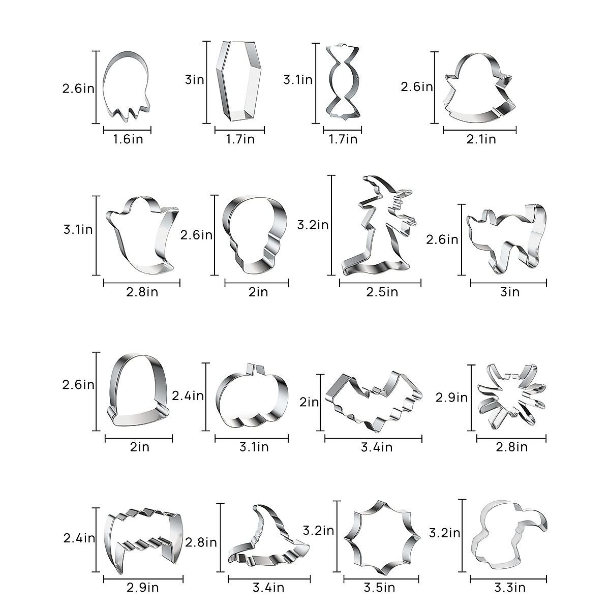 16 Pcs Halloween Cookie Cutters Halloween Set with Decorating Instructions Stainless Steel Pumpkin Witch Hat Cat Bat Skull Ghost Candy Coffin And More