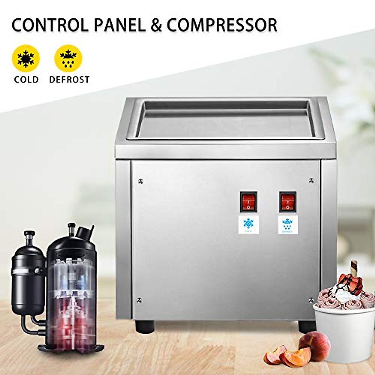 VEVOR Commercial Rolled Ice Cream Machine, Stir-Fried Ice Cream Roll Machine with Single Square Pan, Stainless Steel Stir-Fried Ice Cream Roll Maker, Yogurt Cream Machine for Bars Cafés Dessert Shops