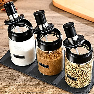 Kitchen Clear glass Spice Jars Seasonning Box Set of 4 with Spoons, Seasoning Containers Bottles with Black Cap,10oz for Home and Kitchen (4)