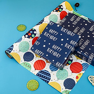 BULKYTREE Reversible Birthday Wrapping Paper Roll for Boys Girls Kids Men Women - Colorful Balloon Happy Birthday and Stars - Gift Wrap Paper for Birthday Party Holiday
