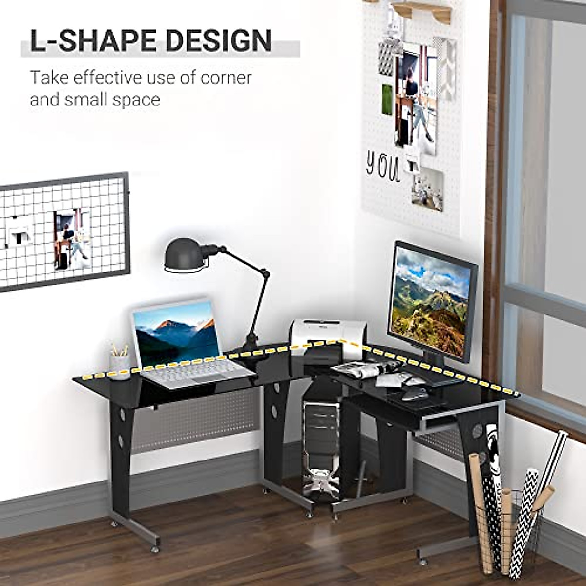 HOMCOM L-Shaped Corner Computer Desk Gaming Table Home Office Workstation Glass Top P2 MDF with Keyboard Tray - Black