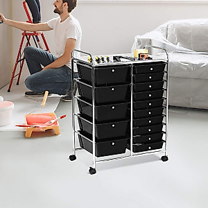 Giantex 15 Drawer Rolling Storage Cart Tools Scrapbook Paper Office School Organizer, Black