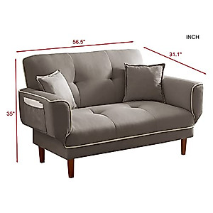 Convertible Futon Sofa Bed with 2 Pillows, Small Loveseat Sleeper Sofa Futon Couch, Recliner Couch with Adjustable Armrest and Wood Legs, Living Room Sofa with 5-Angle Backrest for Small Space (Grey)