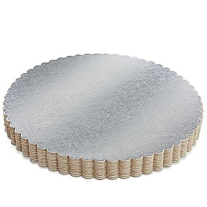 12 Pack 10 Inch Cake Board Base, Cardboard Scalloped Platters for Bakeries, Desserts (Silver)
