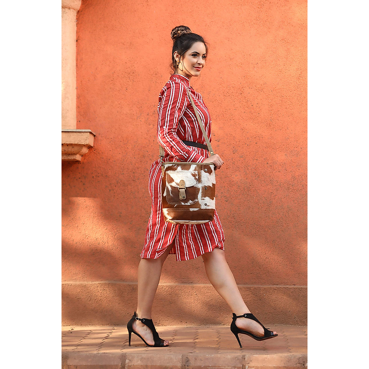 Myra Bag Nut Brown Upcycled Canvas & Cowhide Shoulder Bag S-1463