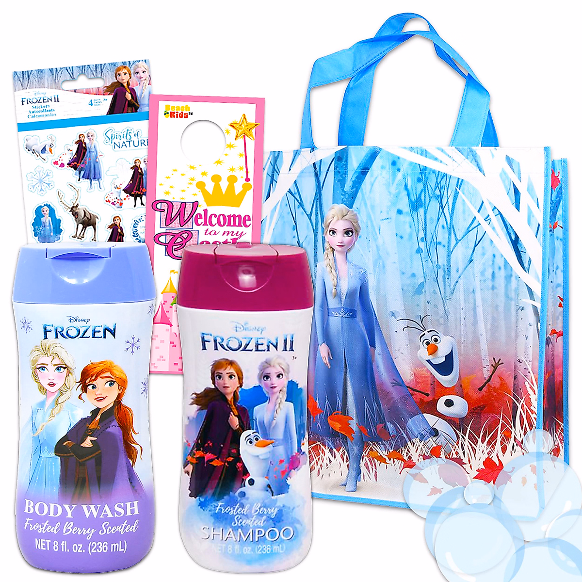 Disney Frozen Bath Accessories Set ~ Bundle with 4 Pc Frozen Shampoo (8oz), Frozen Body Wash (8oz), Frozen Tote Bag, Frozen Stickers, More