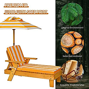 Costzon Kids Chaise Lounge, Wood Patio Chair w/Cushion & Umbrella, Detachable & Height Adjustable, Recliner for Beach Lawn Outdoor, Children Furniture Gift for Boy Girl 3-8 Year Old, Kids Beach Chair