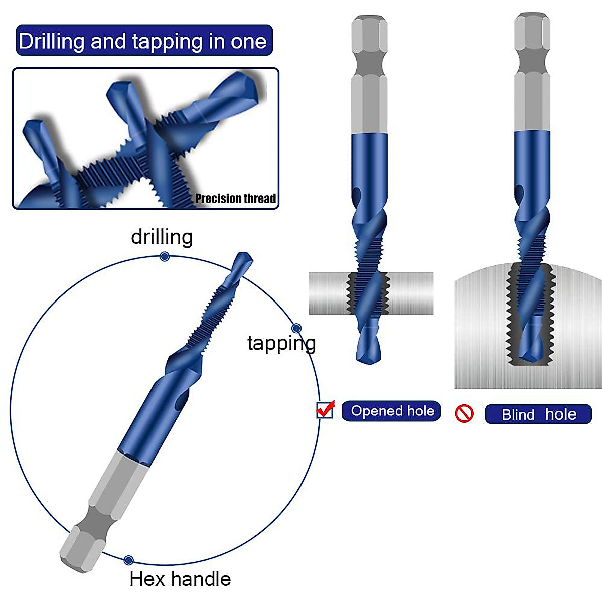 6 Packs Combination Drill & Taps Bit Set, Screw Tapping in 6 Sizes Metric Thread M3 M4 M5 M6 M8 M10 with Nano Blue Coating， Hex Shank