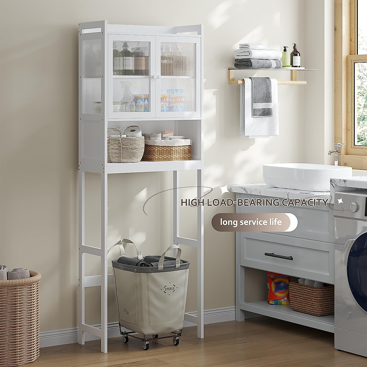 STDDRE Over The Toilet Storage Rack with Toilet Paper Holder Double Acrylic Door 3 Tier Freestanding Toilet Storage Rack Bathroom Storage Cabinet