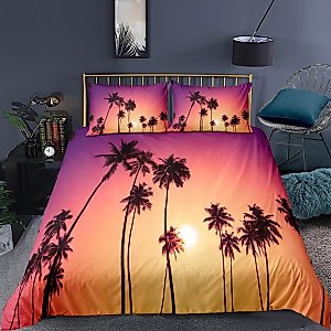 Jingzhang Ocean Duvet Cover Set 3Pcs Sunset Palm Trees Silhouette Bedding Sets with Zipper Dreamy Dusk Exotic Ocean Scenery Quilt Cover with 2 Pillow Shams,Queen Size