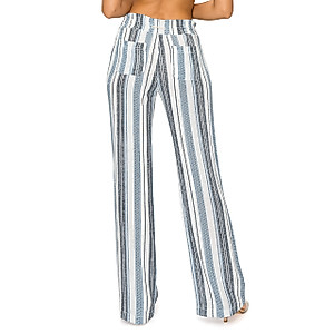 Cali1850 Women's Casual Linen Pants 32" Inseam Oceanside Drawstring Smocked Waist Lounge Beach Pants with Pockets Navy Ivory Large