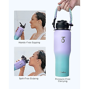 Trebo 32oz Insulated Water Bottle that Fits in Cup Holder, Stainless Steel Double Wall Tumbler Bottles with Paracord Handle, Flask with Straw Spout Lids, Keep Cold for 48 Hrs/Hot 24 Hrs,Cotton Candy