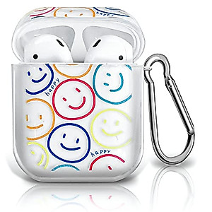 MOLOVA Airpods Case Cover,Cute Double Side Smiley Face Clear Soft Silicone Smooth Shockproof with Keychain Girls Kids Women airpods Smiley face Case for Airpods 2 & 1 Charging Case Cover
