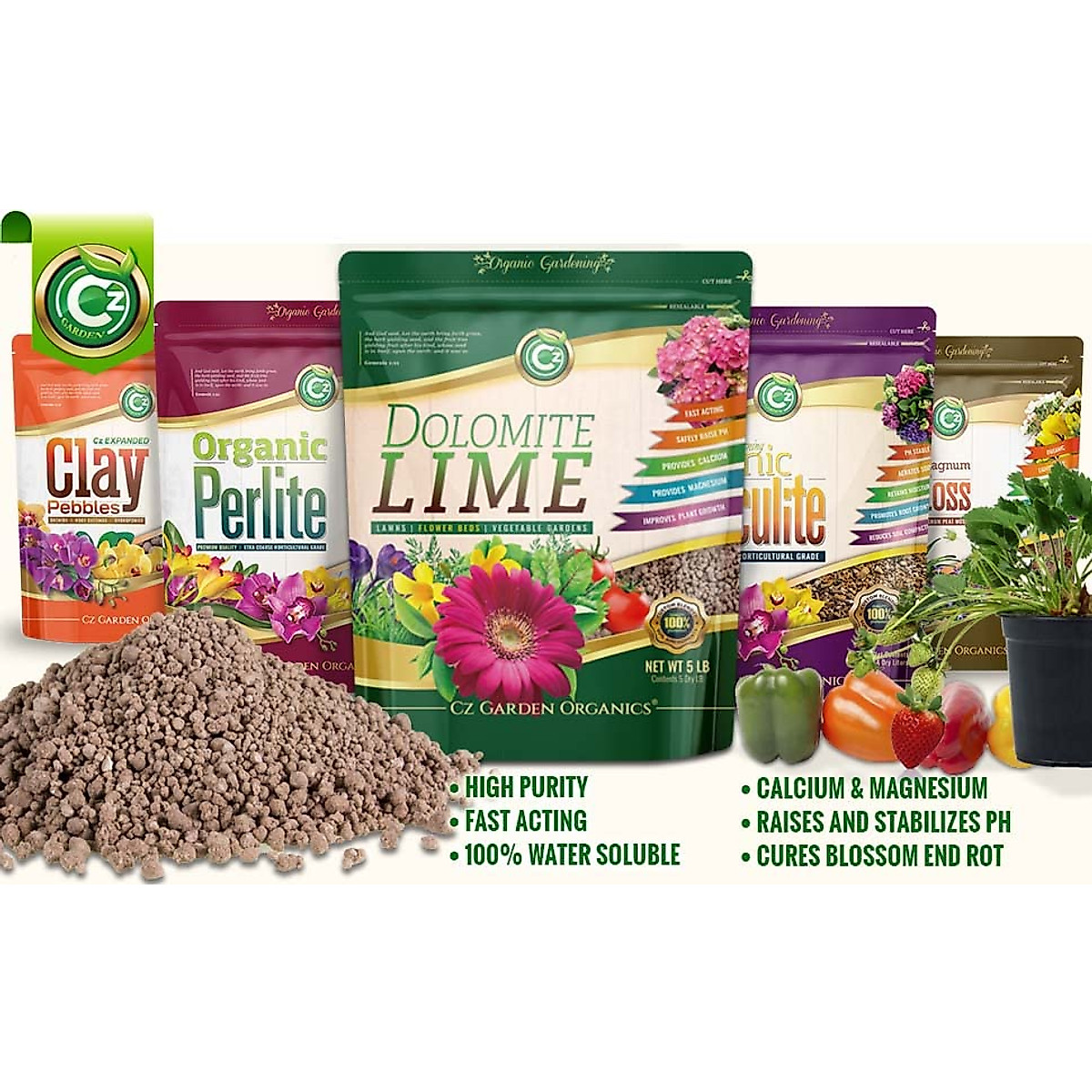 Organic Dolomite Lime - Made in USA - Garden Soil Amendment Fertilizer for Lawns, Plants & Organic Gardens. Calcium/Magnesium Additive. Safely Raise & Stabilize pH. Cures Blossom End Rot in Tomatoes
