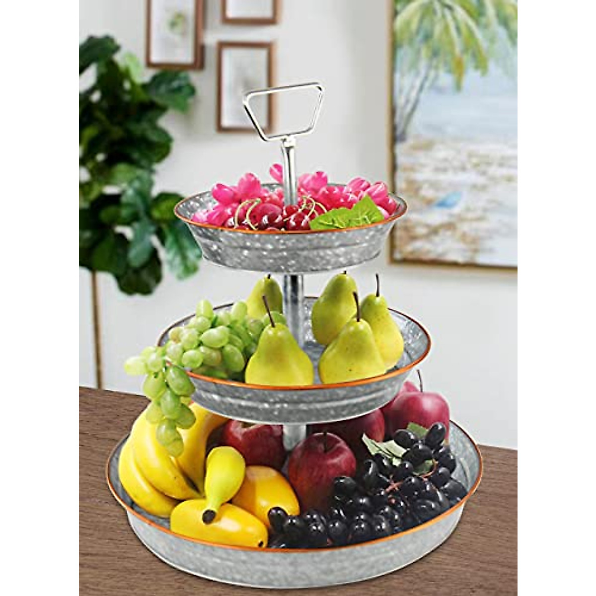 HOME-X Galvanized 3-Tier Stand, Rustic Home Decor, Farmhouse Kitchen Tray, Metal Fruit Stand and Dessert Stand, Tier Party Serving Tray, 17" D x 19 ½” H, Silver