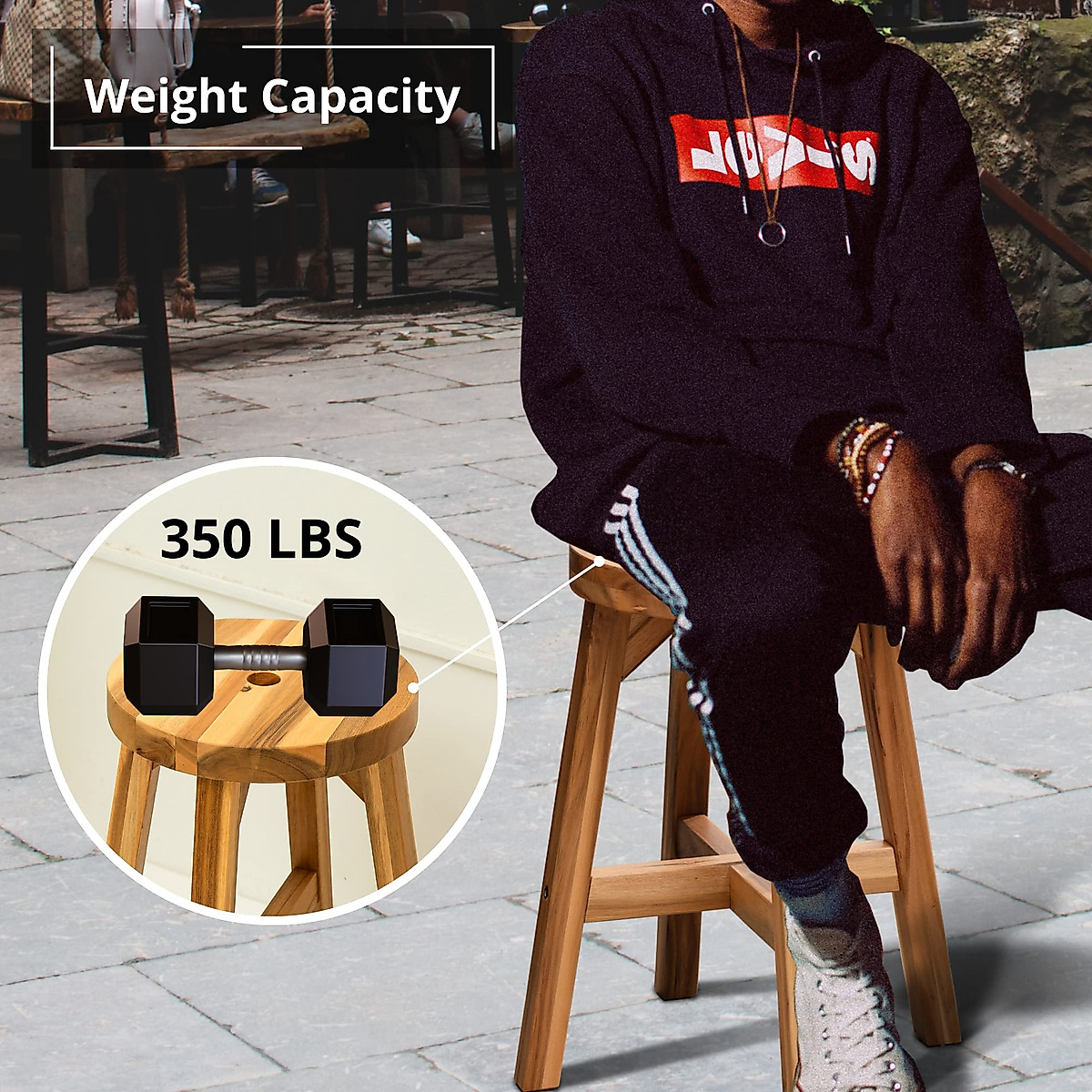 Acacia Wooden Stool Round Top Chairs. Sub-Stool for Kitchen Living Room. Strong Weight Capacity Upto 350 LBS, Natural Color