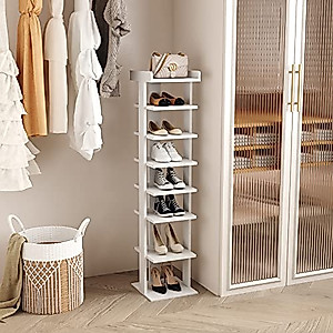 HOMEFORT 7-Tier Wood Shoe Rack, Entryway Shoe Tower,Vertical Shoe Organizer, Wooden Shoe Storage Stand(White)