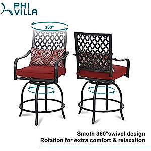 PHI VILLA Patio Bar Set, 3 pcs Outdoor Metal Bar Set with 2 Swivel Cushioned Stools & 31" Square Patio Bar Table with Umbrella Hole, Outdoor Furniture Set for Patios Backyard, Porches or Garden