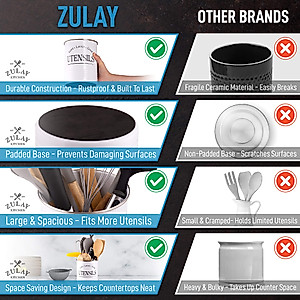 Zulay Large Utensil Crock Storage Organizer - Kitchen Utensil Holder For Countertop With Padded Base - Large Utensil Holder With Rustic Farmhouse Design For Home & Kitchen Decor (White)