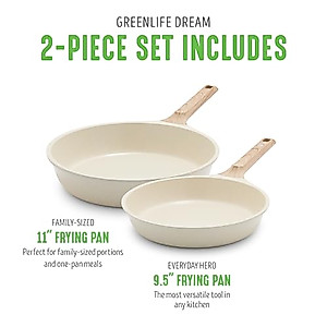 GreenLife Arte 2 Piece Frying Pan Set, Ceramic Nonstick 9.5" & 11" Skillets, Induction Suitable, Non Toxic PFOA & PFAS Free, Wood Print Handles, Dishwasher Safe, Speckled Cream