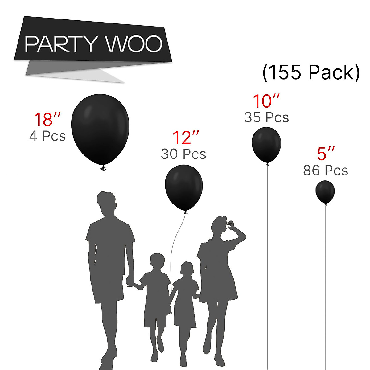PartyWoo Black Balloons, 155 pcs Black Balloons Different Sizes Pack of 18 12 10 5 Inch Black Balloons Arch Kit Balloon Garland for Birthday, Graduation, Halloween, Party Decorations, Black-Y18