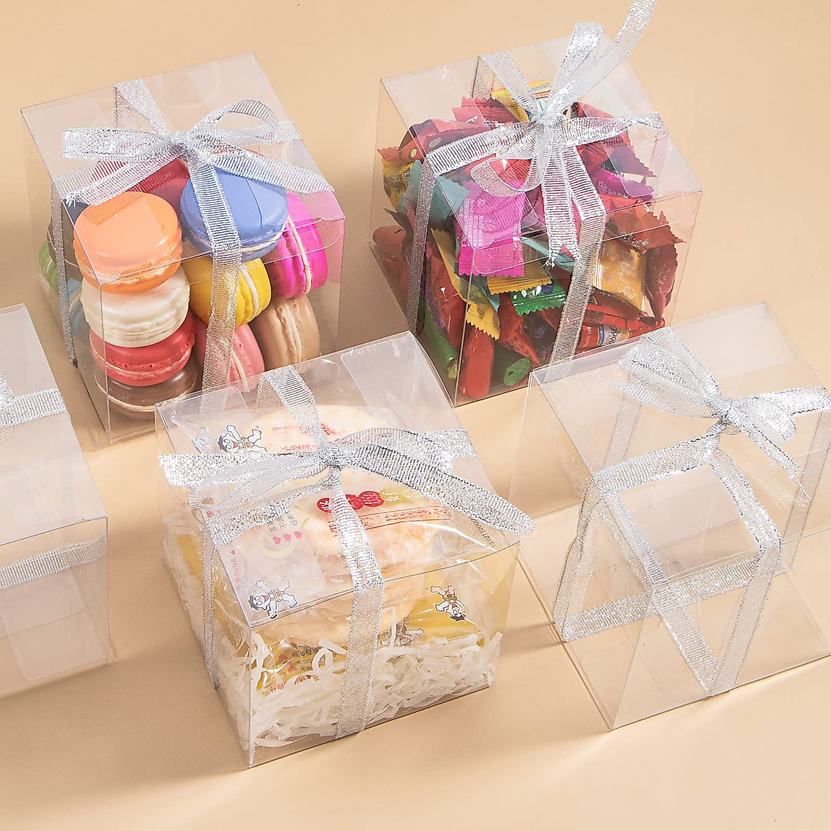 Sdootjewelry 4''×4''×4'' Clear Favor Boxes, 25 Packs Clear Gift Boxes with Ribbon, Clear Boxes for Favors, Transparent Plastic Gift Boxes for Wedding Party Baby Shower