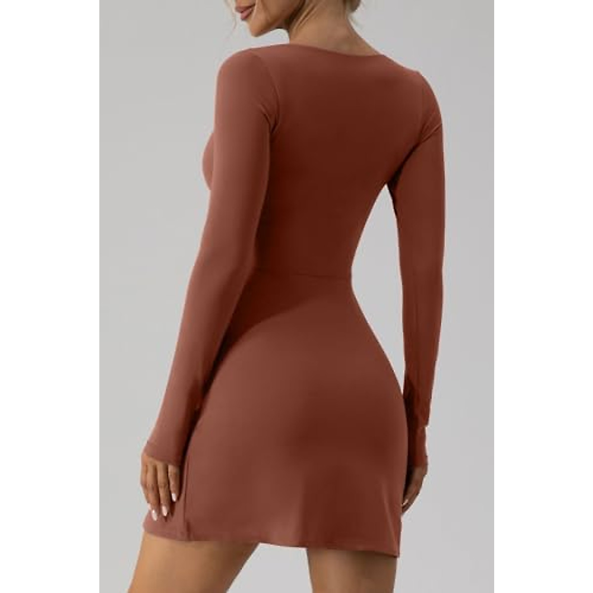 QINSEN Brown Dress for Womens Long Sleeve Sweetheart Neckline Bodycon Mini Dress for Casual L