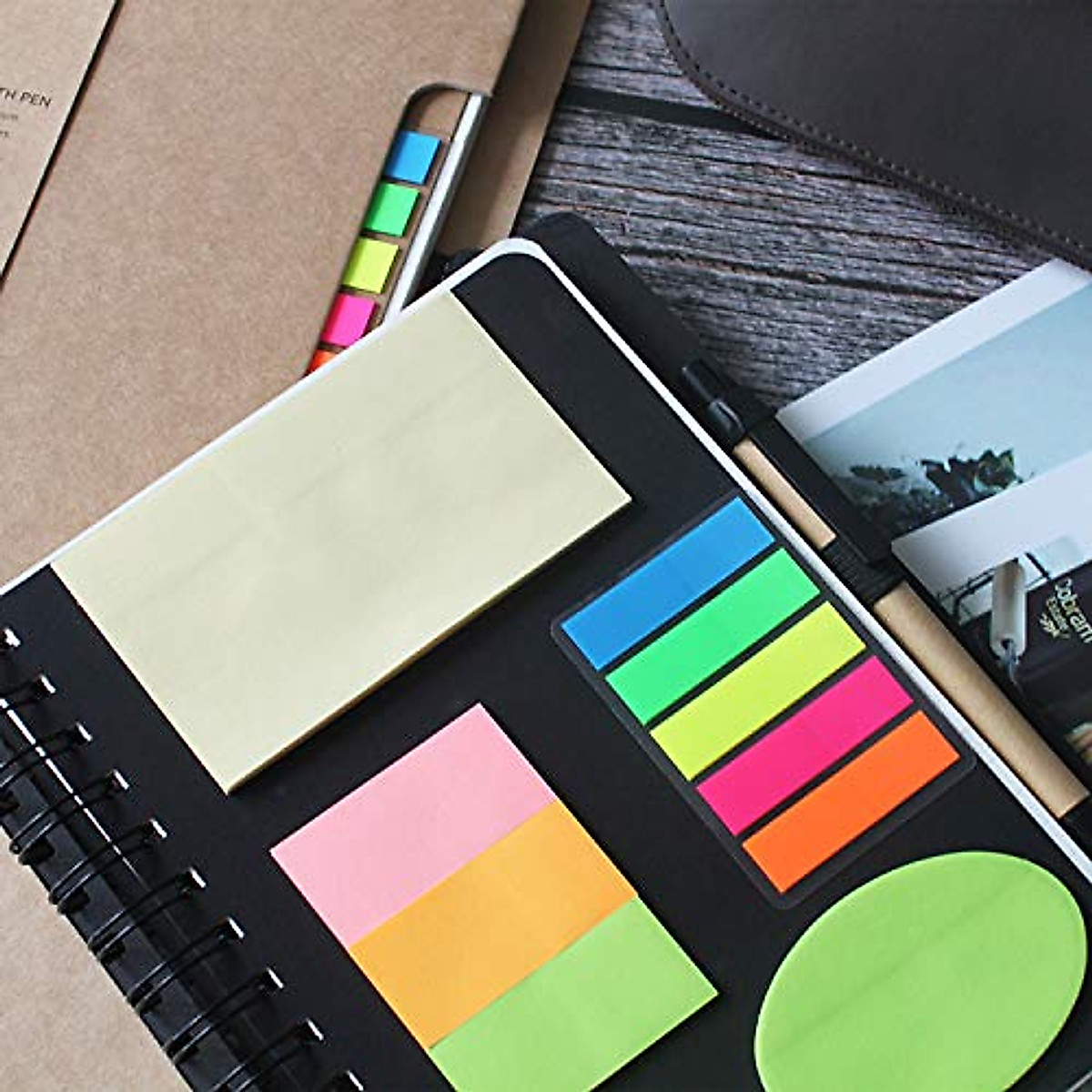 SAIBANG A5 Spiral Notebook Business Notepad with Pen in Holder and Sticky Notes Index Tabs Page Markers for School Office, 18 by 21 cm, 60 Sheets Totally, Kraft Cover (Khaki)