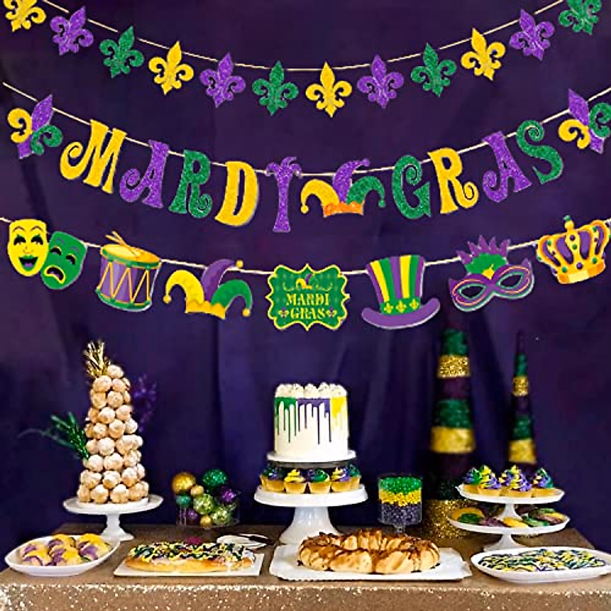 Mardi Gras Decorations Fat Tuesday Decor Fat Tuesday/Shrove Tuesday Hanging Bunting Banner New Orleans Party Mardi Gras Banner Gold Purple Green Circle Dots Garland Mardi Gras Mask Sign Banner Kit