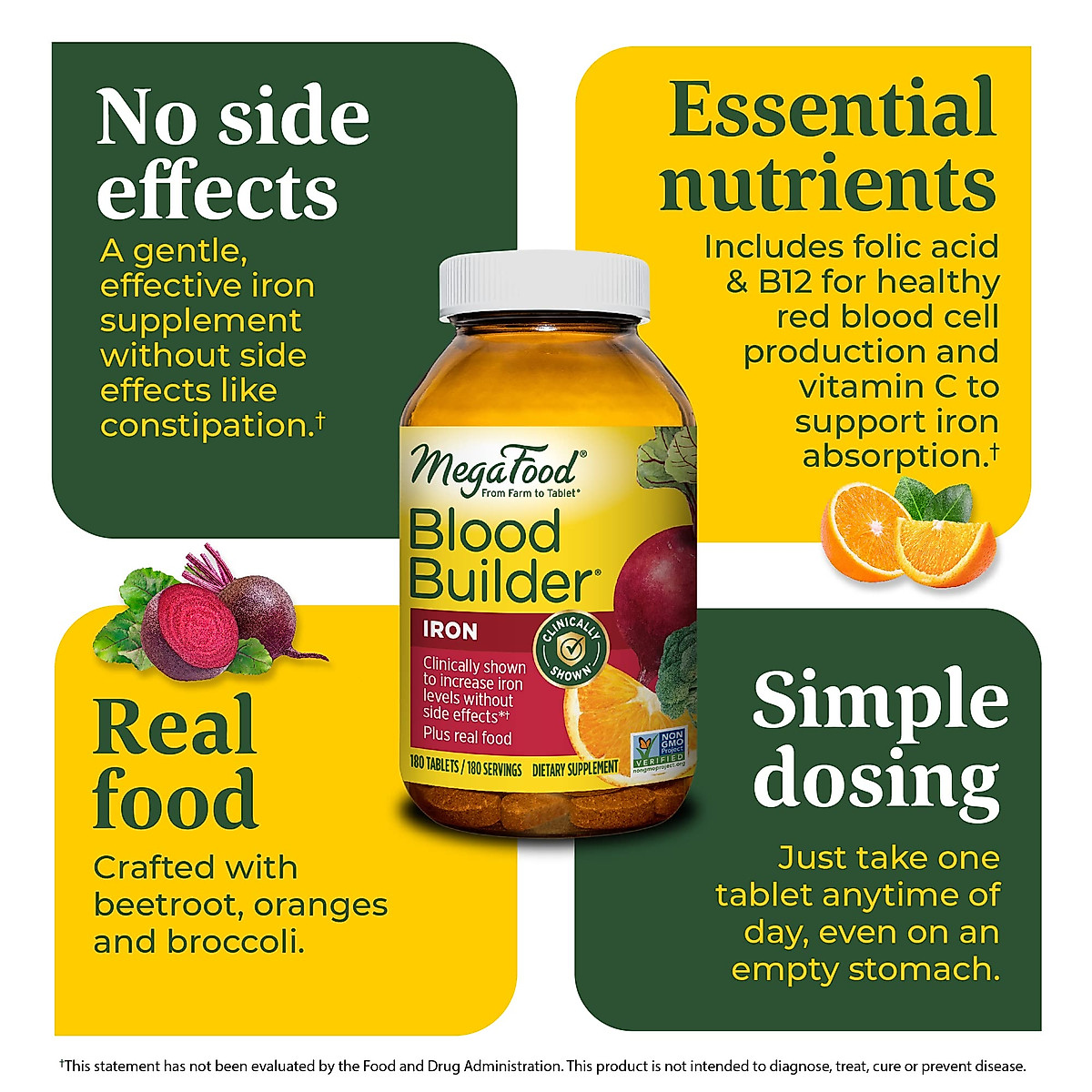 MegaFood Blood Builder - Iron Supplement Clinically Shown to Increase Iron Levels without Side Effects - Energy Support with Iron, Vitamins C and B12, and Folic Acid - Vegan - 180 Tabs