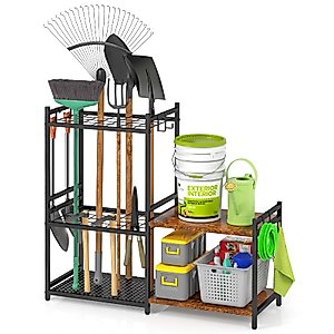 DAOUTIME Garage Tool Organizer with 2-tier Wooden Shelves, Yard Tool Organizer for Garage with 6 Hooks, Heavy duty Steel Garden Tool Rack Holds up to 35 Long Handled Yard tools for Storage, Black
