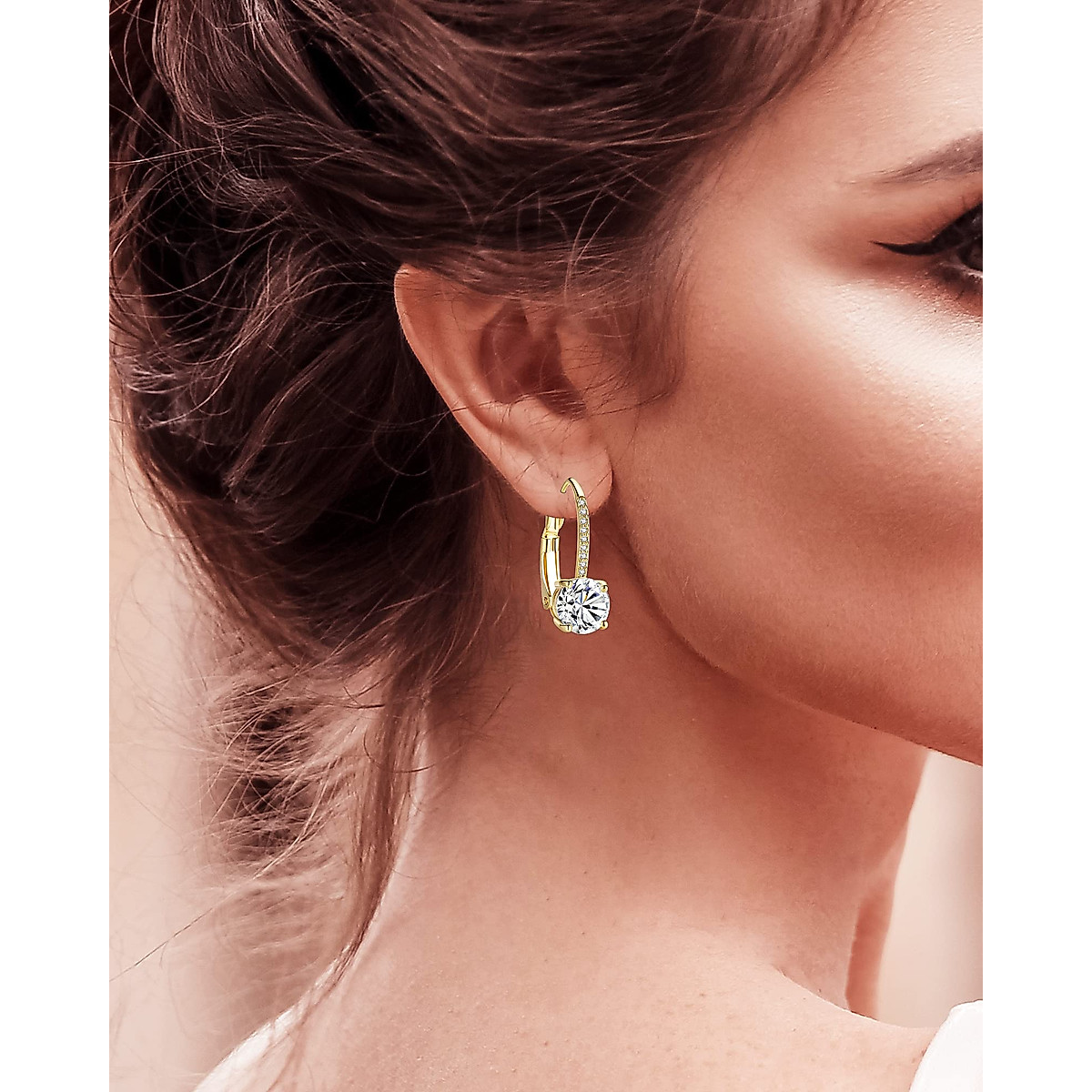 Hugitout Drop Dangle Earring for women, 14K Gold Plated Leverback Earrings with Cubic Zirconia Rhinestone Huggie Hoop Earings Fashion Jewelry for Girls