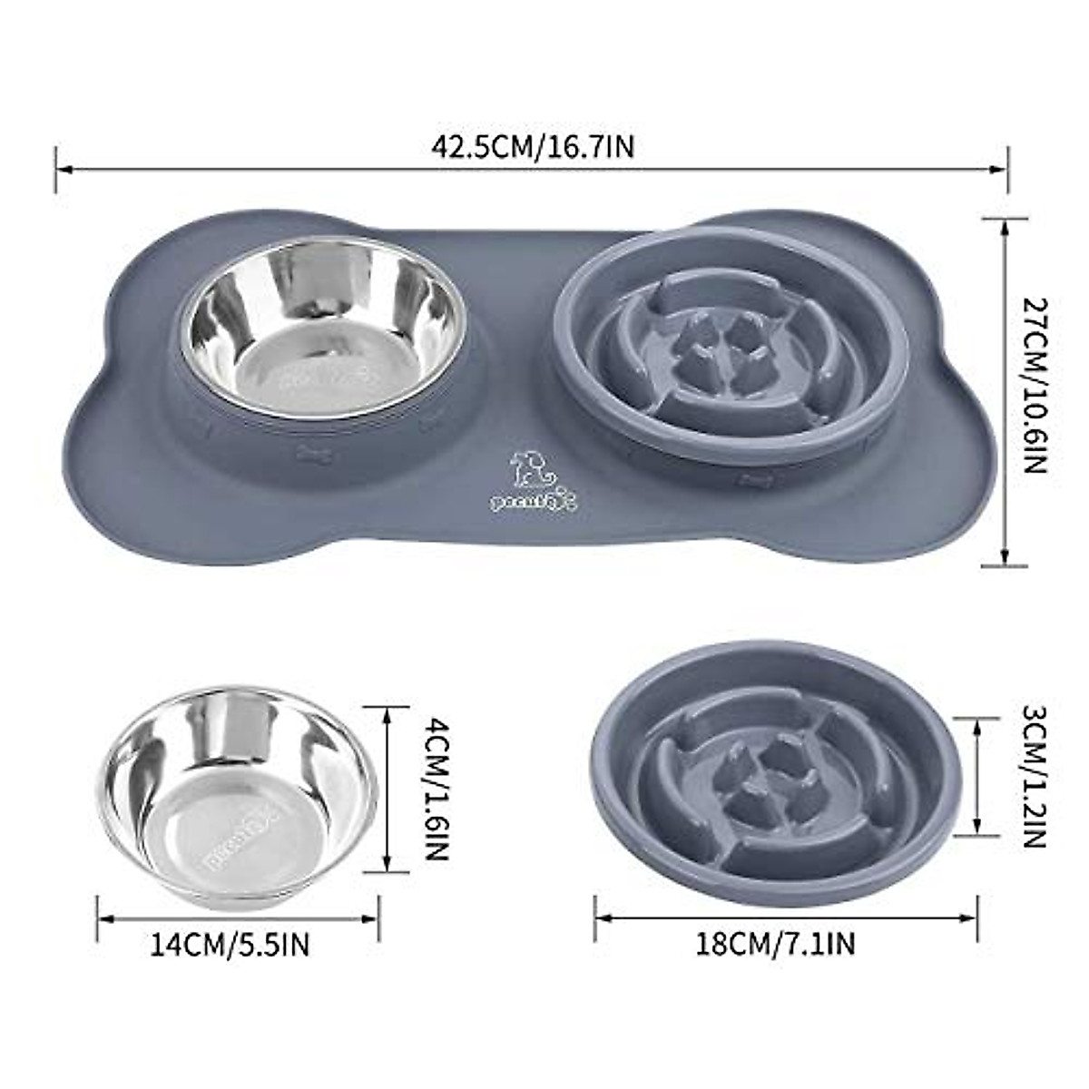 Pecute Dog Bowl Slow Feeder Bloat Stop Pet Bowl Eco-Friendly Non-Toxic No Choking Healthy Design Bowl with No-Spill Non-Skid Silicone Mat Stainless Steel Water Bowl for Dogs Cats and Pets