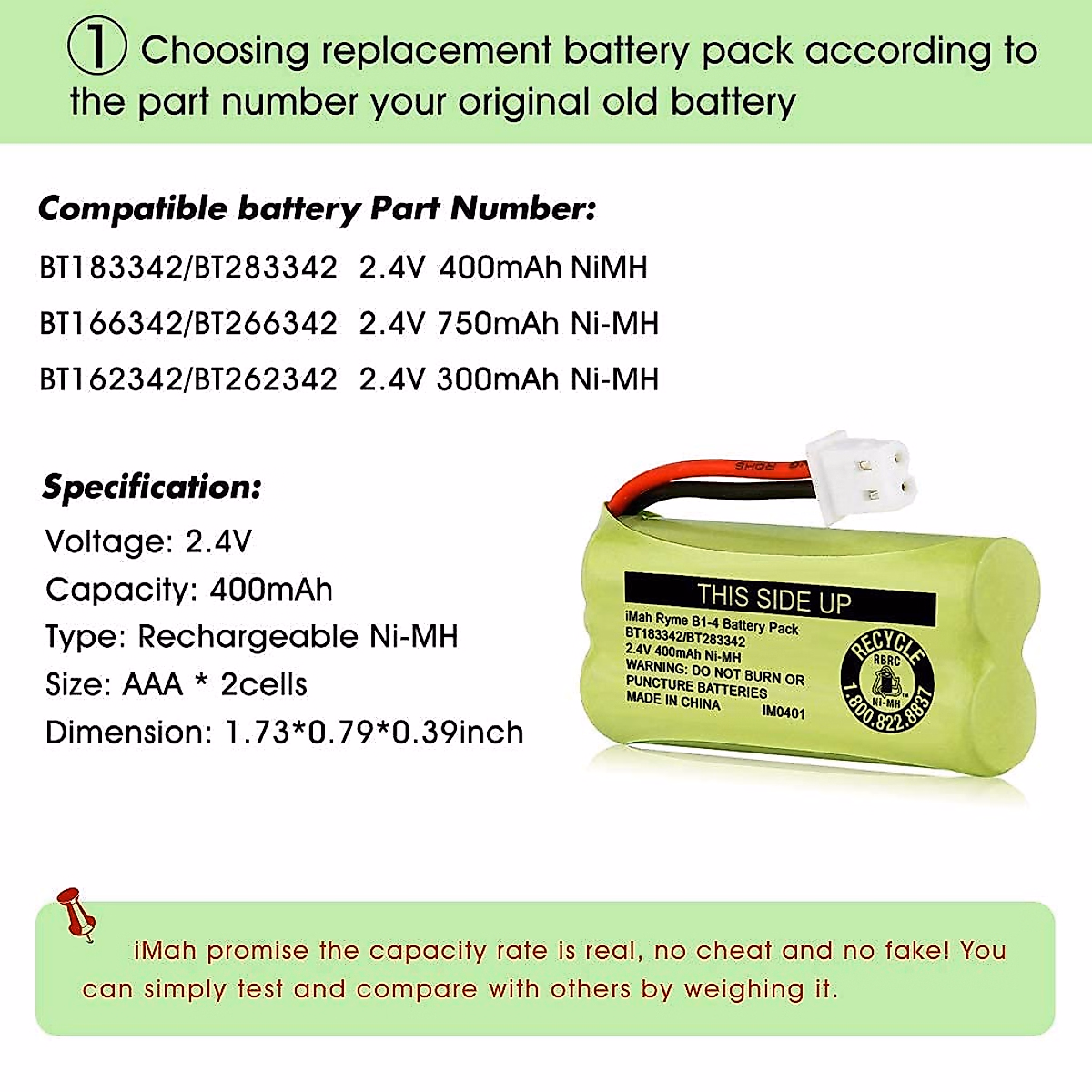 iMah BT183342/BT283342 2.4V 400mAh Ni-MH Battery Pack Compatible with AT&T VTech Cordless Phone Batteries BT166342/BT266342 BT162342/BT262342 2SN-AAA40H-S-X2, Pack of 2