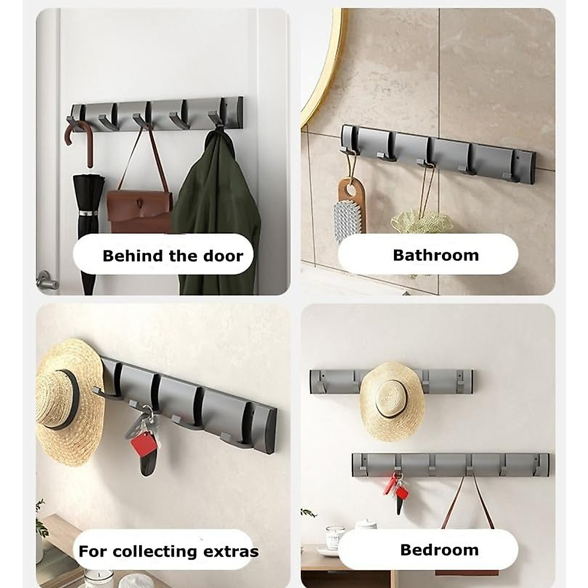 Shozafia Wall Mounted Coat Rack with Folding Hooks, Space-Saving, Modern, Sleek Flip Wall Mount Coat Hanger for Coats, Purses, Scarfs (Gray,5 Hooks)