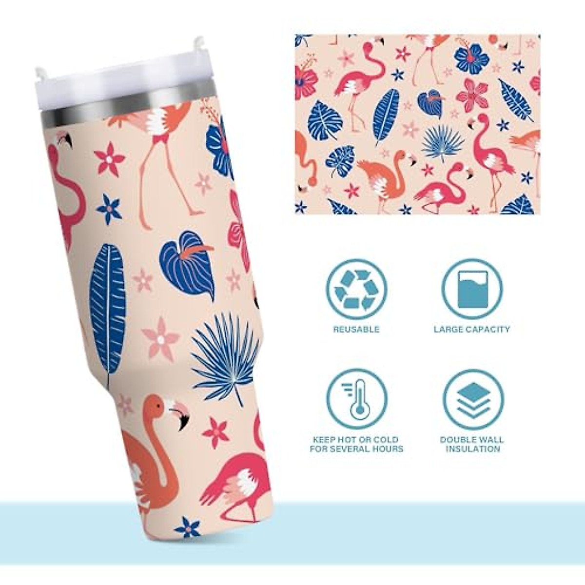 DIGTIA Stainless Steel Insulated Tumbler w/Handle & Straw, Flamingos Palm Tree Double Wall Vacuum Travel Coffee Mug Cup w/Lid, Leak-Proof Sports Tropical Water Bottle,30oz