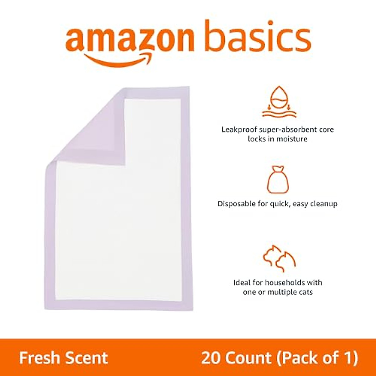 Amazon Basics - Cat Litter Pads, 1 Size Fits Most Litter Boxes, 20 Count, Fresh Scent, PE Film, Odor Control, Easy Cleanup, Purple