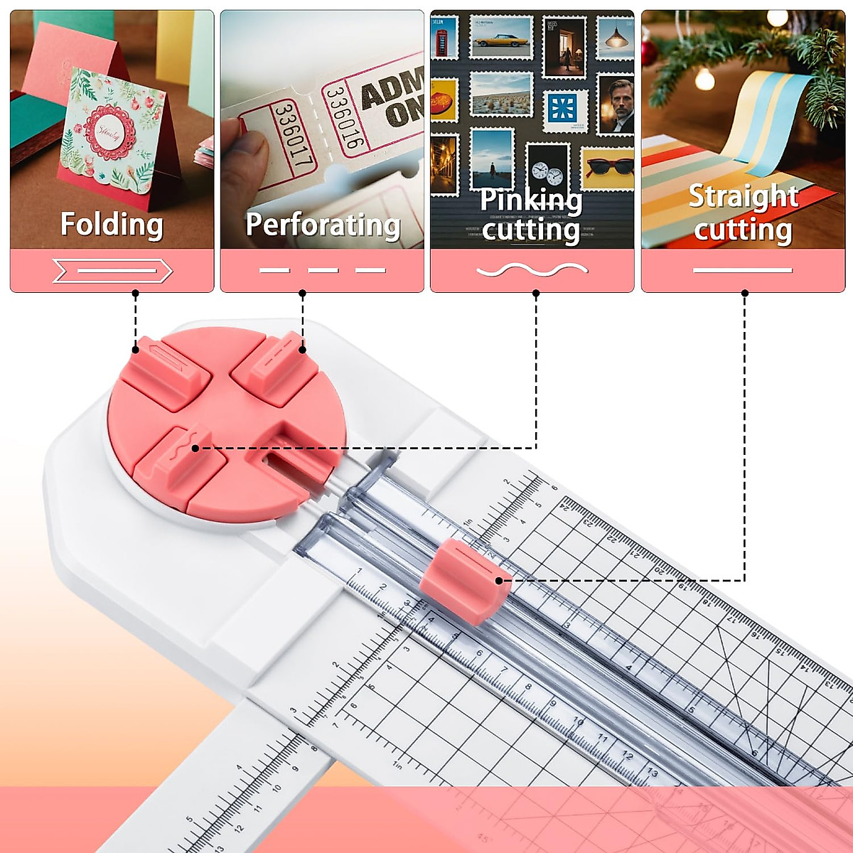 Paper Cutter for Craft：Paper Trimmer, Perforator, Folding, Pinking Cutting on Paper, Vinyl, Cardstock, Photo for Scrapbooking and Cardmaking Plus Sideways Ruler, Pink, Worklion