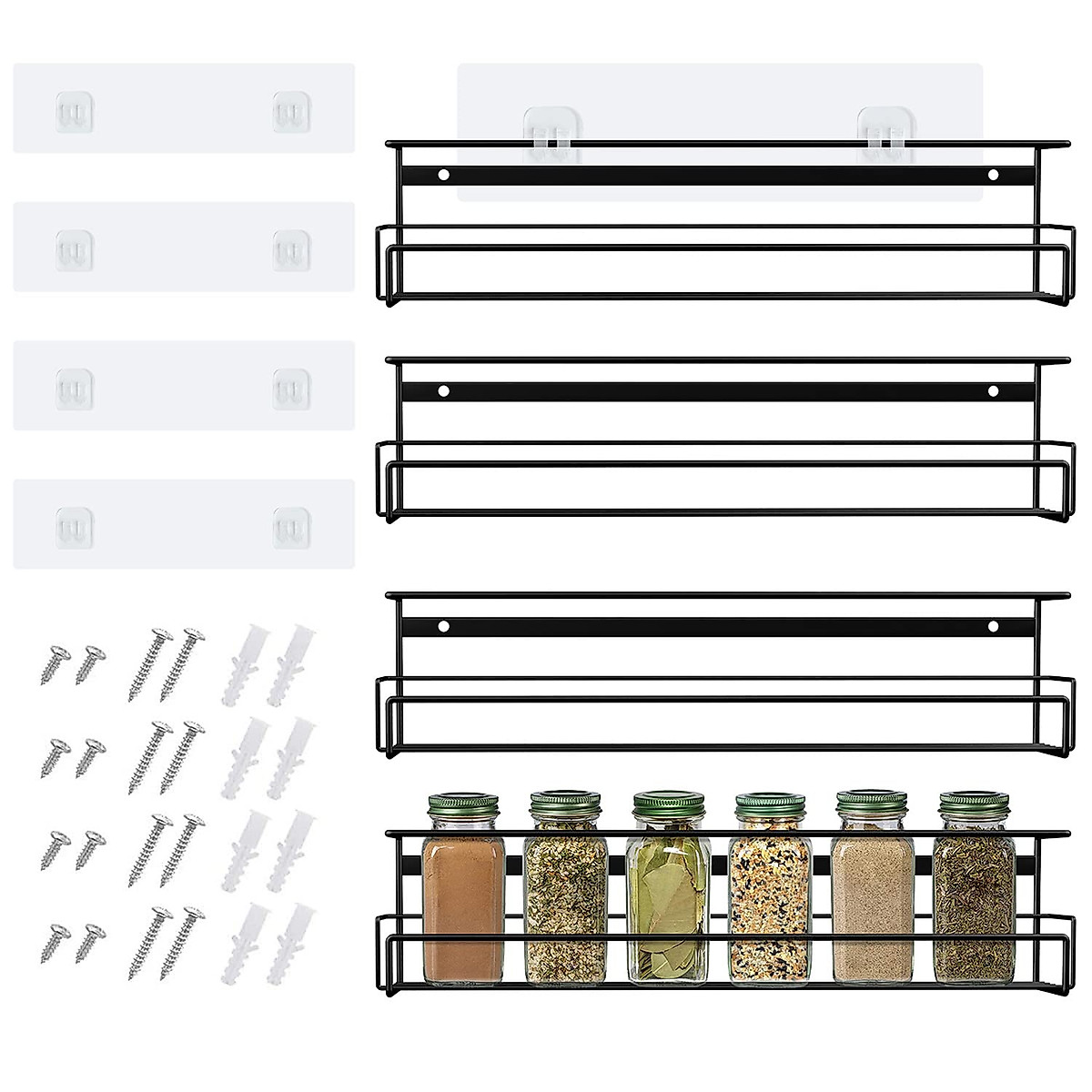 Wall Mounted Spice Rack Organizer for Cabinet Door, Set of 4 Condiment Seasoning Organizer Wall Spice Rack Hanging Shelf for Spice Jars, Spice Jar Holder for Kitchen Cabinet Pantry Door (Black)