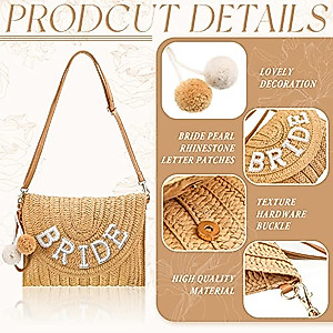 Pinkunn Bride Straw Shoulder Bag For Women Straw Clutch Bag Pearl Rhinestone Wedding Summer Beach Vacation Bridal Shower Gift (Bride Style)