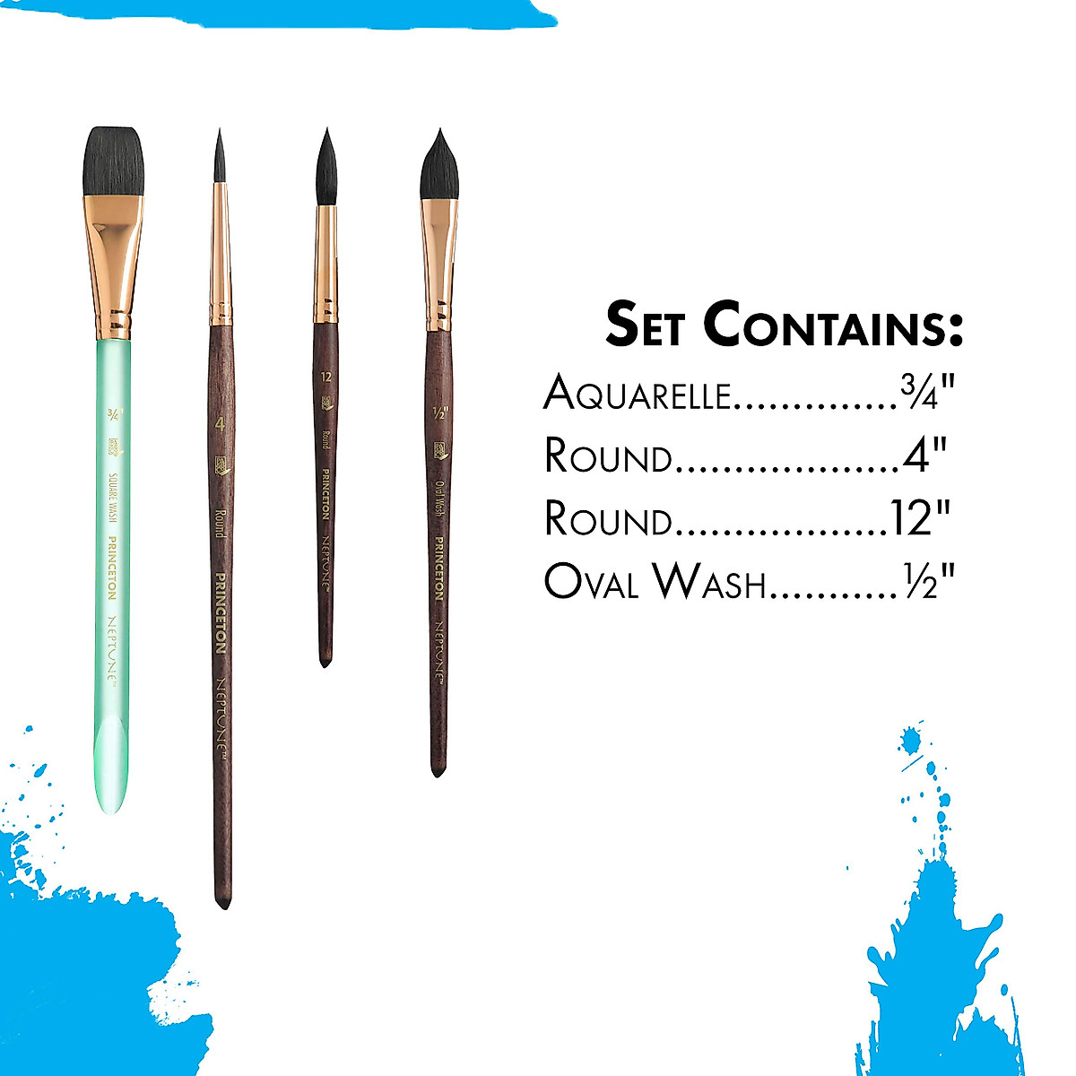 Princeton Artist Brush Neptune Series 4750 - 4-Piece Synthetic Squirrel Watercolor Paint Brush Set- Includes Aquarelle ¾” Oval Wash ½ & 2 Round Brushes Sizes 4 & 12