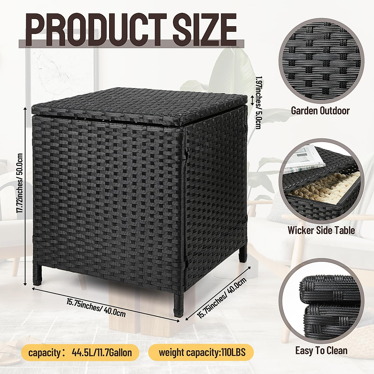 DoubleFill 2 Pcs Wicker Side Table with Storage PE Rattan Wicker Ottoman Small Patio Outdoor Storage Box 11.8 Gallon Square Outdoor Foot Stool Footrest Footstool for Porch, 15.75 x 15.75 x 17.72