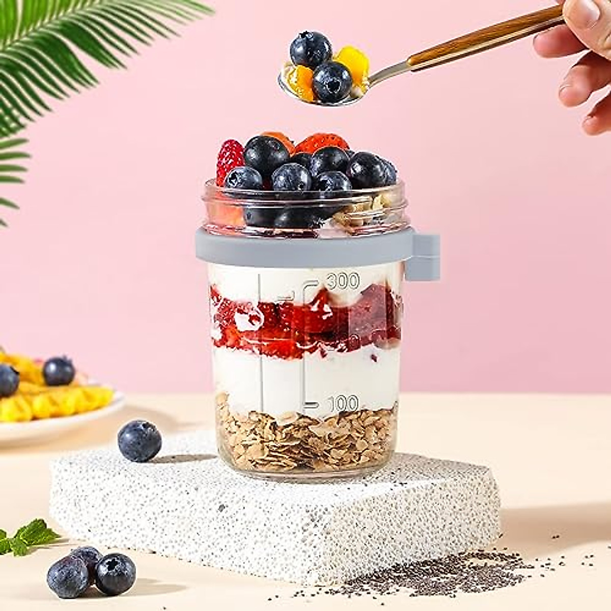 Tekuve 4 Pack Overnight Oats Containers with Lids and Spoon, 16 oz Glass Mason Jars with Airtight Lid for Overnight Oats Meal Prep Chia Yogurt Salad Fruit Gray White