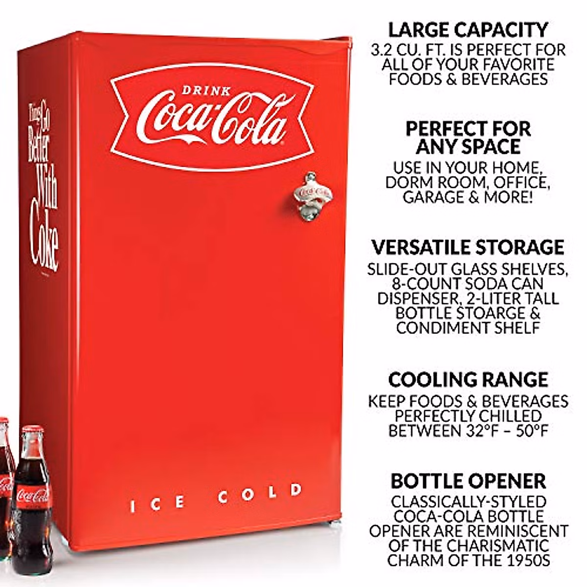 Nostalgia Coca-Cola CRF32CK 3.2 Cu. Ft. Refrigerator With Freezer Adjustable Temperature Cools as low as 32 Degrees, Bottle Opener, Ice Cube Tray, Scraper Included, Red