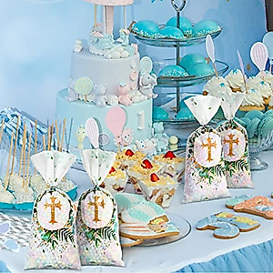 Hotop 100 Pcs Baptism Cellophane Bags Gift Treat Bag Goodie Candy with 150 Ties First Communion Party Decorations Supplies Christening Confirmation Baby Shower Serves for Boy and Girl, Gold
