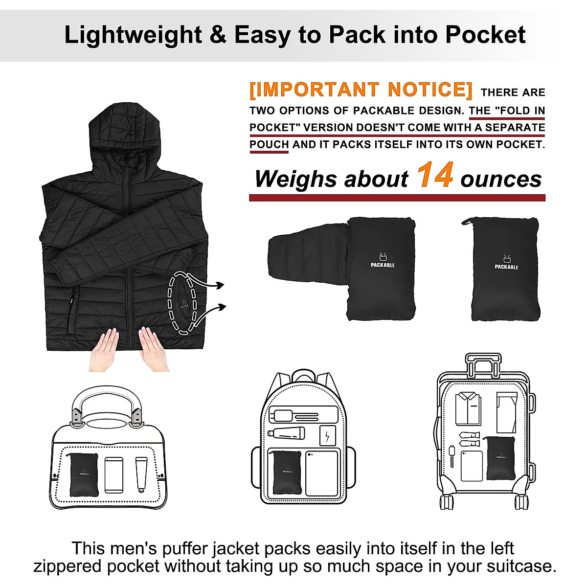 Outdoor Ventures Men's Lightweight Packable Hooded Puffer Jacket Insulated Winter Coat for Snow Ski Traveling