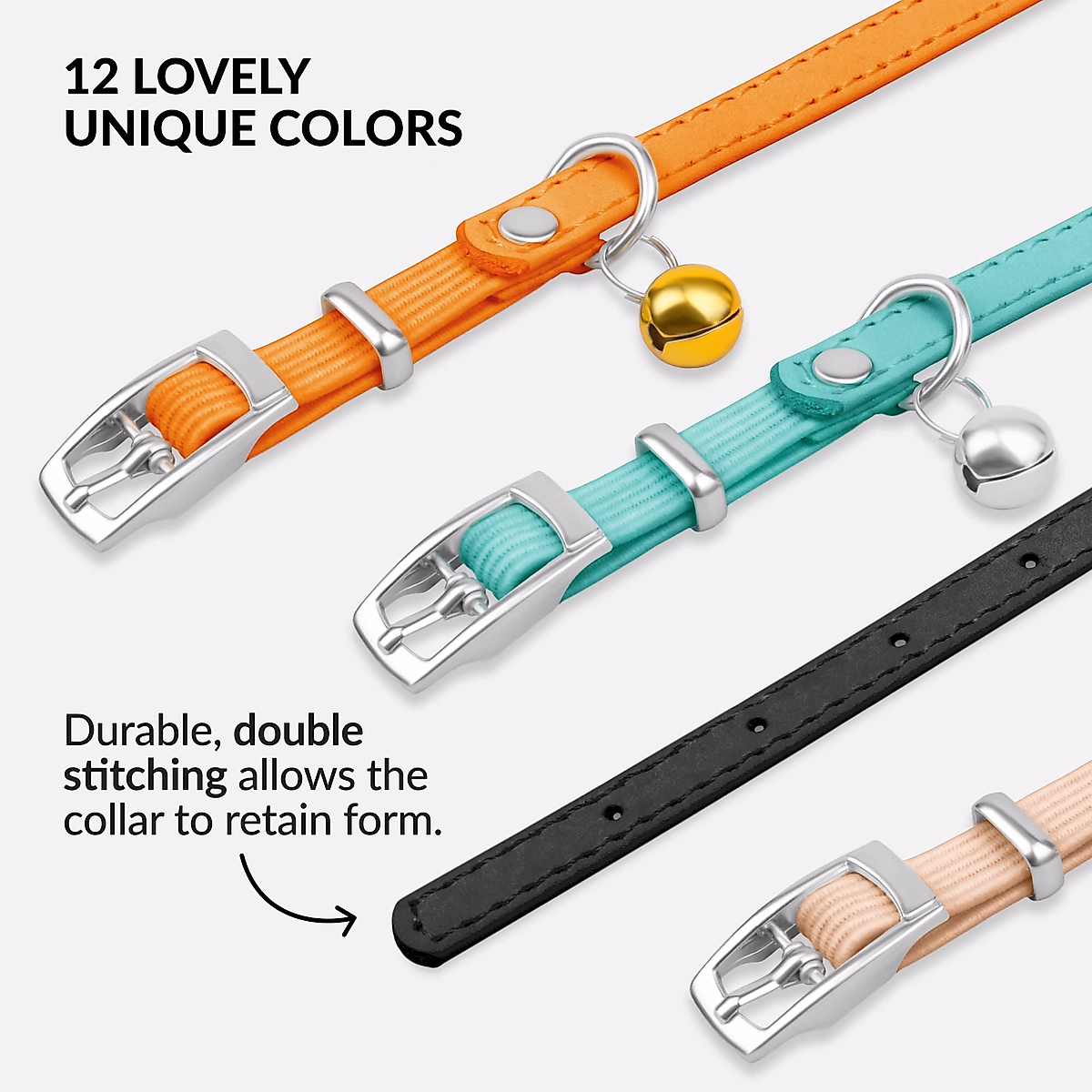 CollarDirect Leather Cat Collar with Bell - Kitten Collar, Small and Big Cat Collar for Boy Cats, Girl Cats with Safety Elastic Strap (Neck Fit 8"-11", Black)