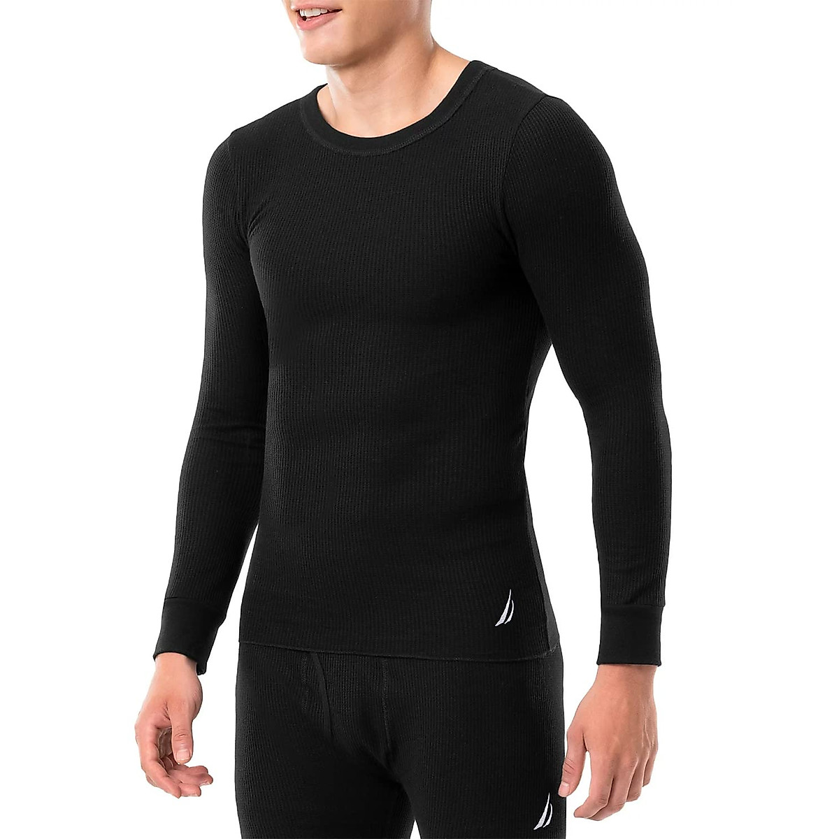Nautica Men's Long Sleeve Base Layer Set Crewneck Waffle Thermal Underwear Top and Bottom Set (Black, Medium)